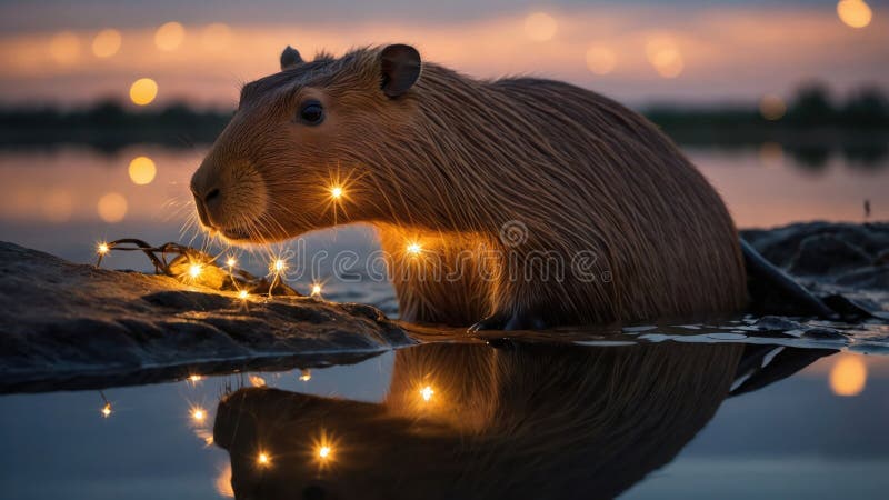Capybara with Fairy Lights stock illustration. Illustration of calm ...
