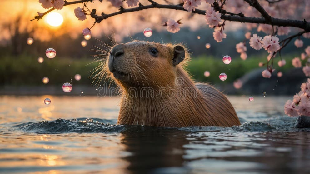 Capybara in Cherry Blossom Sunset: Peaceful River Scene Stock ...