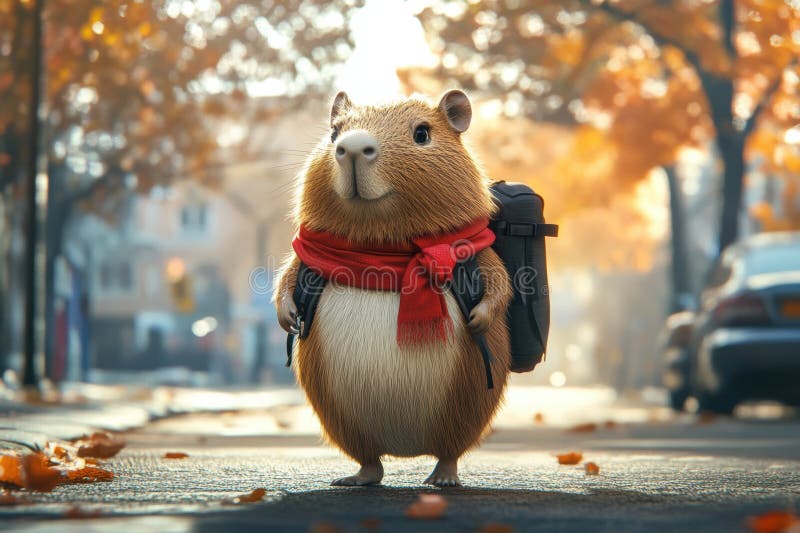 Capybara Wearing Backpack and Scarf Walking Down Autumn Street Stock ...