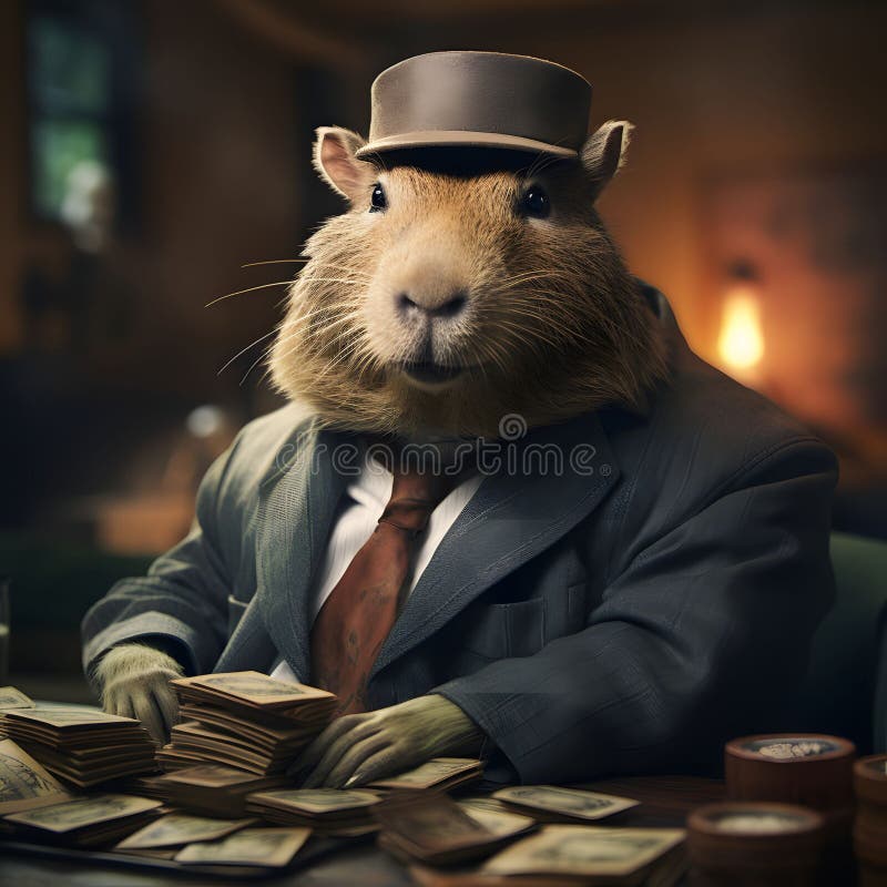 A Capybara Wearing a Black Top Hat and Suit, Sitting at a Table Covered ...