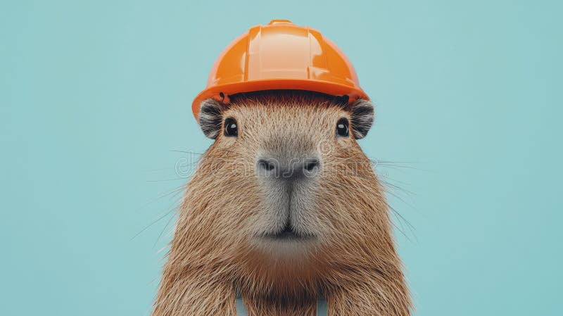 Capybara Wearing Orange Safety Helmet Against Light Blue Background ...