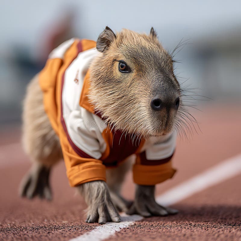 A Capybara Wearing a Racing Suit on a Track, Exercise Concept Stock ...