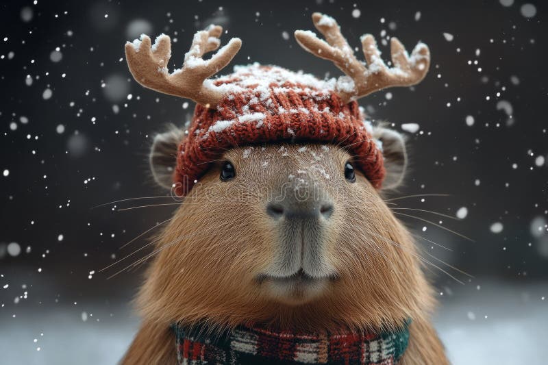Capybara Wearing Reindeer Antlers and Winter Clothes during a Snowfall ...