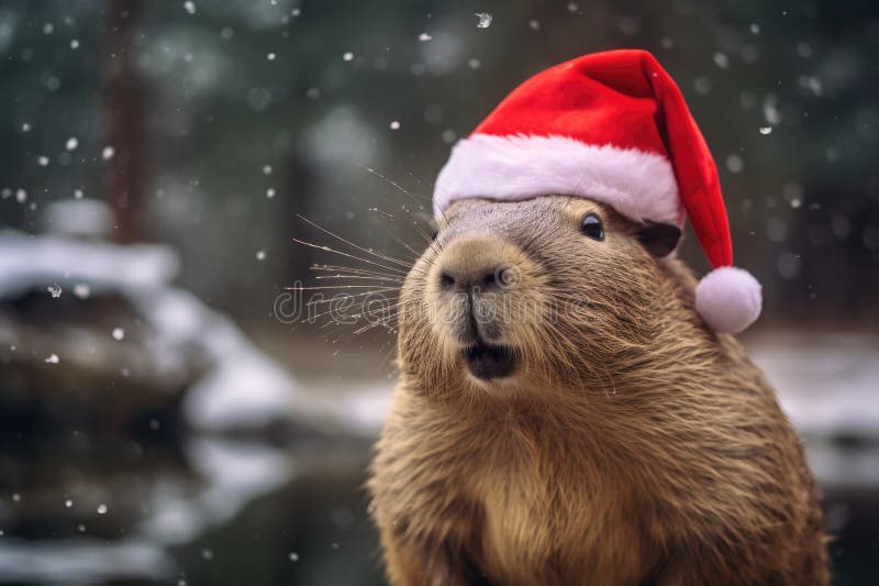 Capybara Wearing Santa Hat on Bokeh Backdrop. Stock Photo - Image of ...