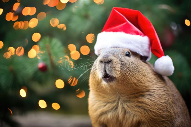 Capybara Wearing Santa Hat on Bokeh Backdrop. Stock Photo - Image of ...