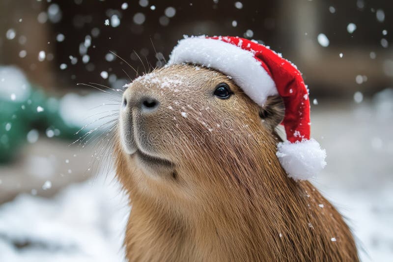 Capybara Wearing Santa Hat Enjoying Winter Snowfall Stock Illustration ...