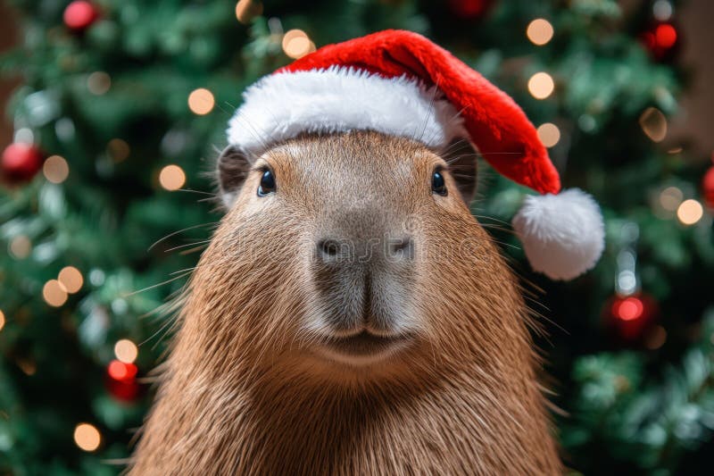 Capybara Wearing a Santa Hat in Front of Christmas Tree with Ornaments ...