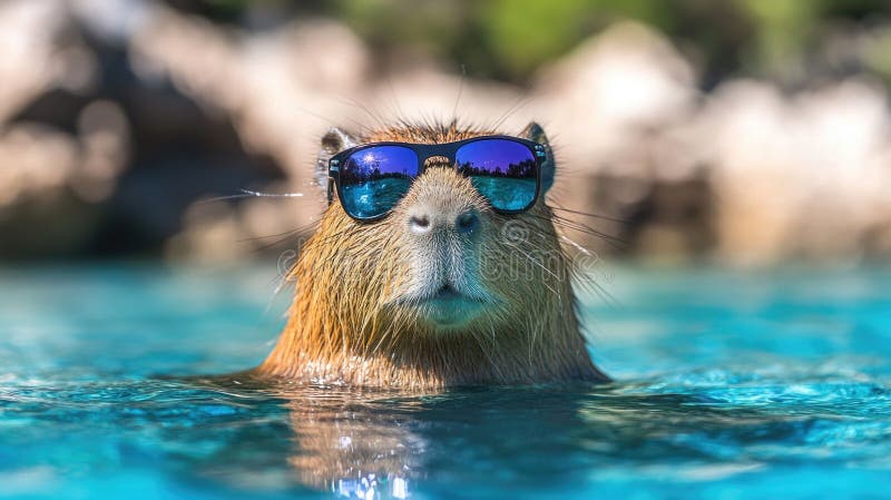 Capybara Wearing Sunglasses in a Pool with Vibrant Reflections Stock ...