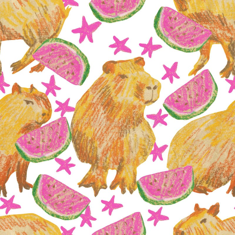 Capybaras in Pink Flowers Wax Crayons Seamless Pattern on White ...