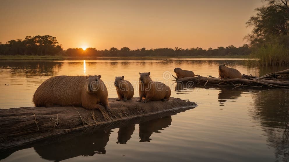 Capybaras Family at Golden Sunset by the Lake Stock Illustration ...