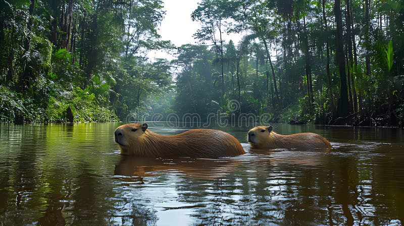 Capybaras Swim Amazon Rainforest River, Wildlife Nature Scene Stock ...