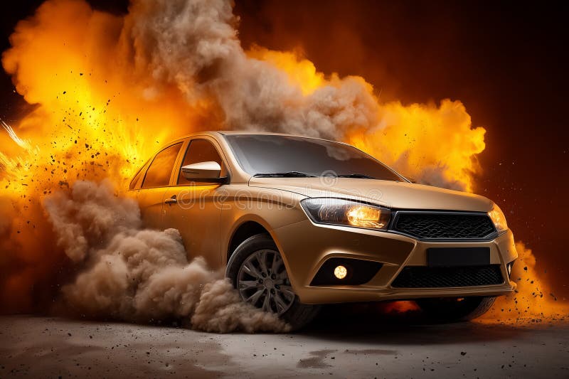 Car Accelerates through Fiery Explosion with Intense Smoke and Debris ...