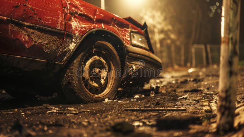 Car Accident with Deserted Vehicle after Crash, Broken Street Light ...