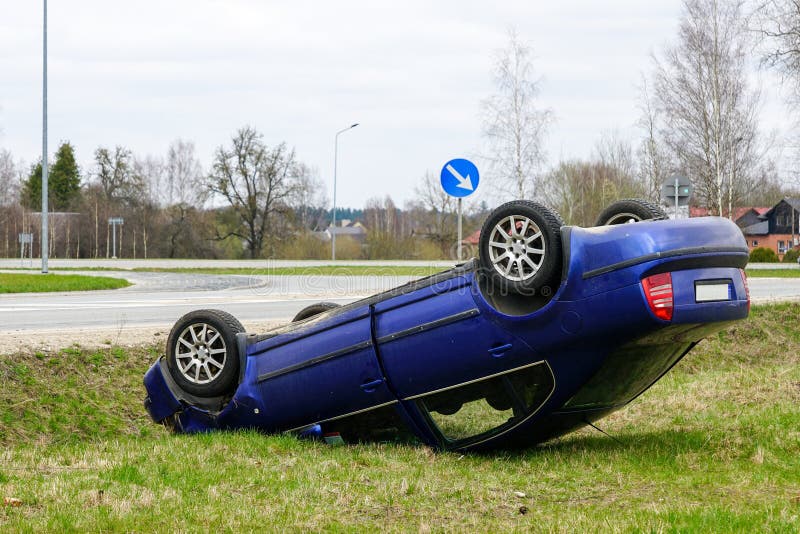 Car Accident Scene, a Passenger Car Left the Road and Overturned Upside ...