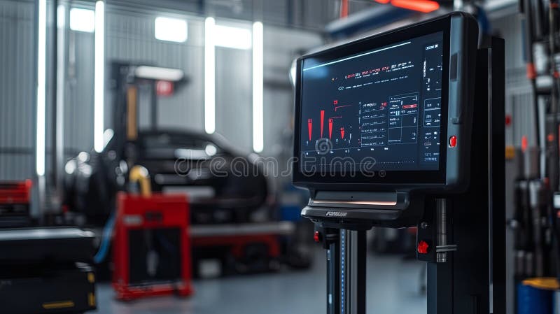 A Car Alignment Station with a Screen Displaying Real-time Diagnostics ...
