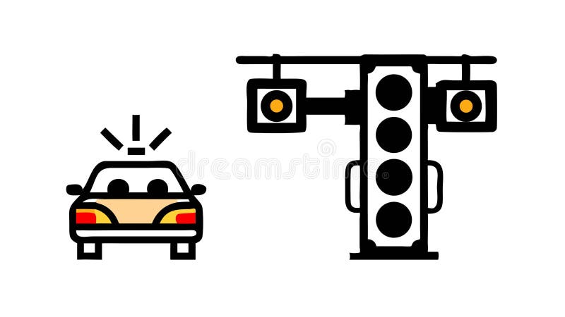 Car Approaching a Red and Yellow Traffic Light, Vector Design ...