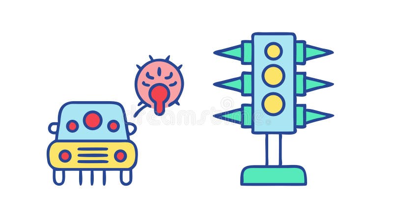 Car Approaching a Traffic Light with a Virus Warning Symbol, Vector ...
