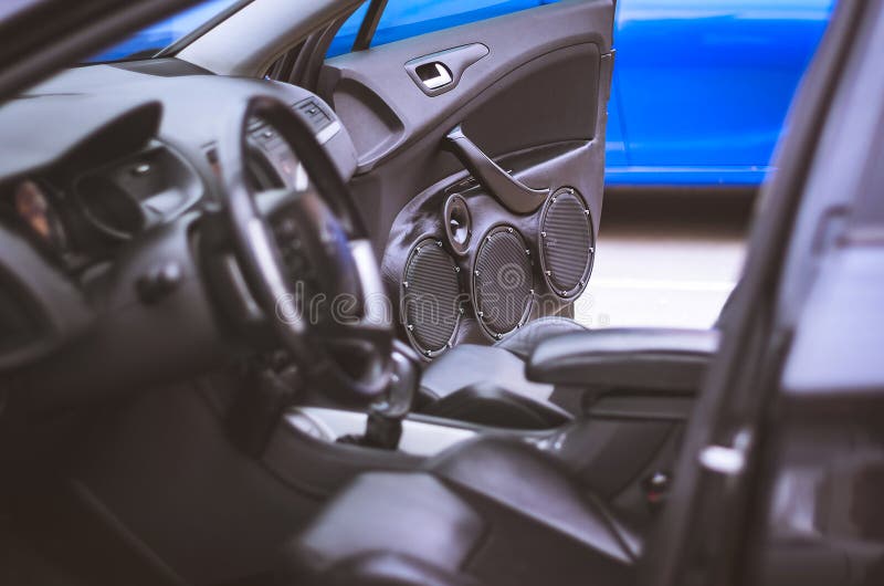 Car Audio System Speakers in the Open Door. Blurred Car Leather ...