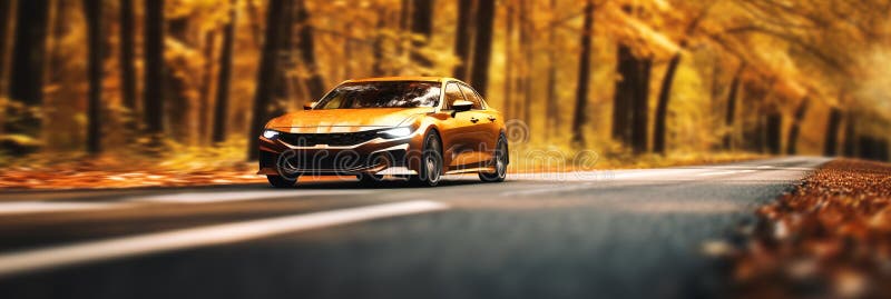 Car on Autumn Forest Highway Road Banner. Car Trip, Panoramic Web ...