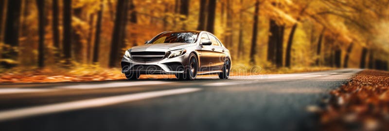 Car on Autumn Forest Highway Road Banner. Car Trip, Panoramic Web ...