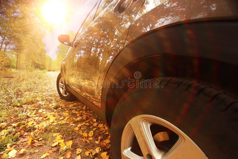 Car in the Autumn Landscape Stock Photo - Image of lights, mirror: 61698016