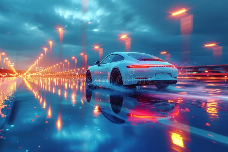 A Car on the Background of Evening Lights is Driving on a Bridge Stock ...