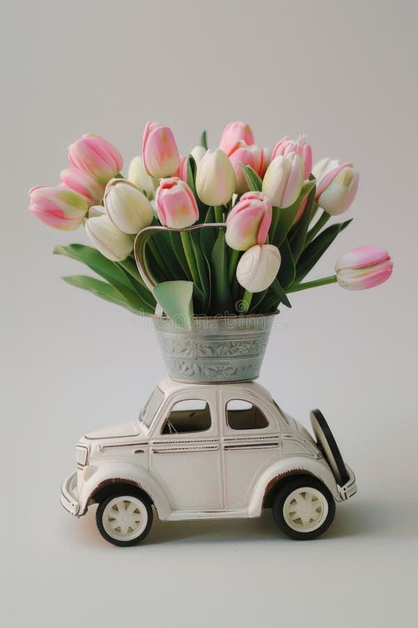 A Car with a Basket of Tulips on Top. Suitable for Spring-themed ...