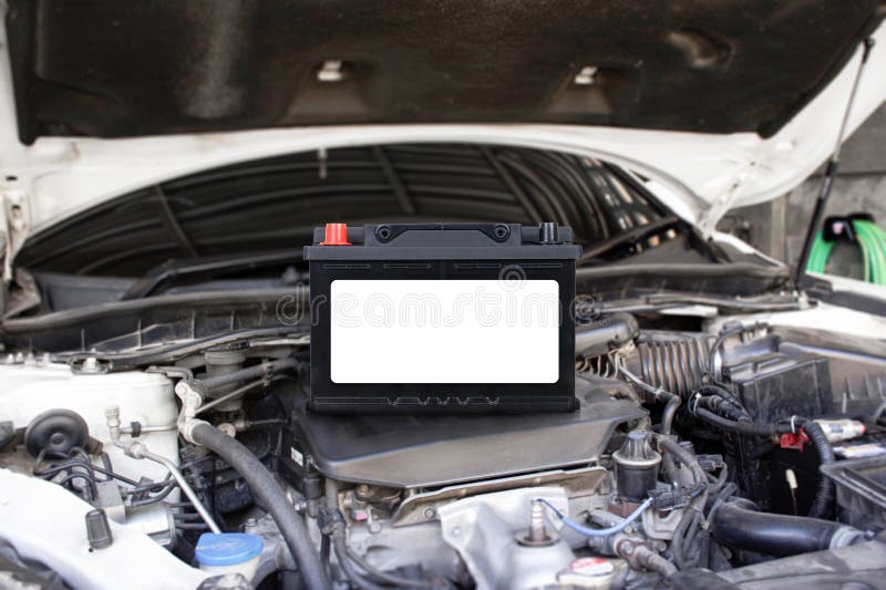 Car Battery with Blank White Label on Engine Compartment Stock Image ...