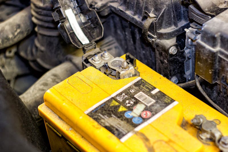 Car Battery Under The Hood Of A Car Stock Photo - Image of contact ...