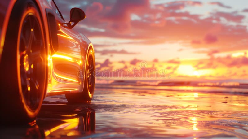 Car on Beach at Sunset Concept Stock Illustration - Illustration of ...