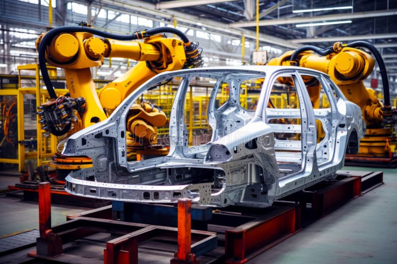 Car Being Assembled in Factory with Robot Working on the Car ...