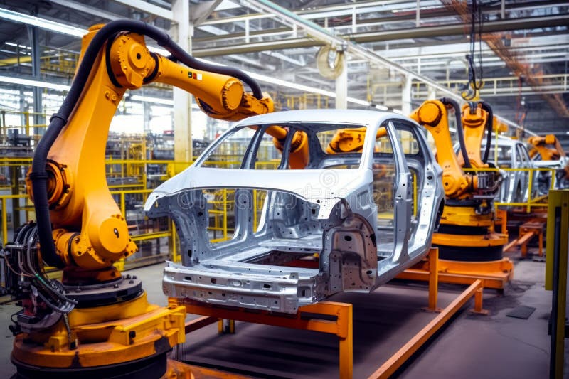 Car Being Assembled in Factory with Robot Working on the Car ...