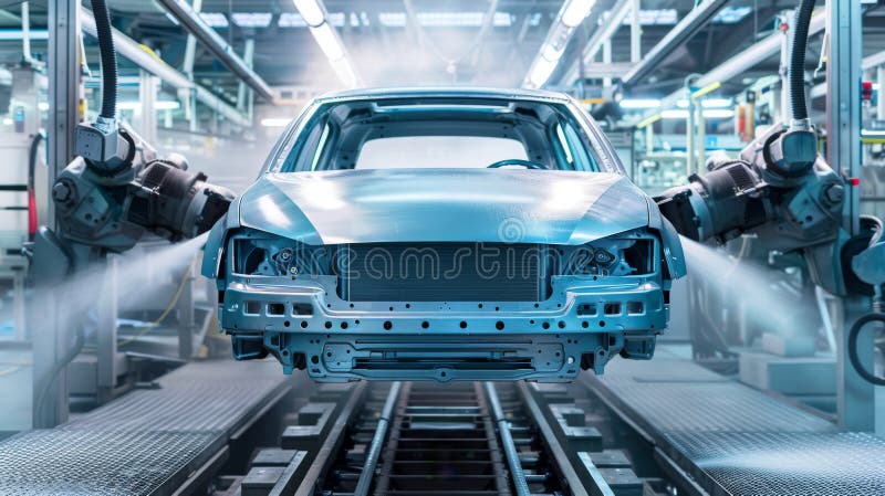 A Car Being Assembled on a Moving Assembly Line in a Brightly Factory ...