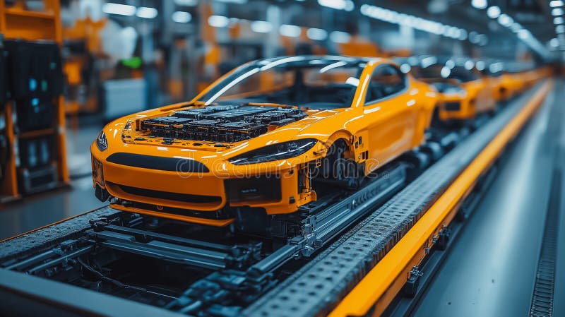A Car is Being Built in a Factory. the Car is Orange and Has a Black ...
