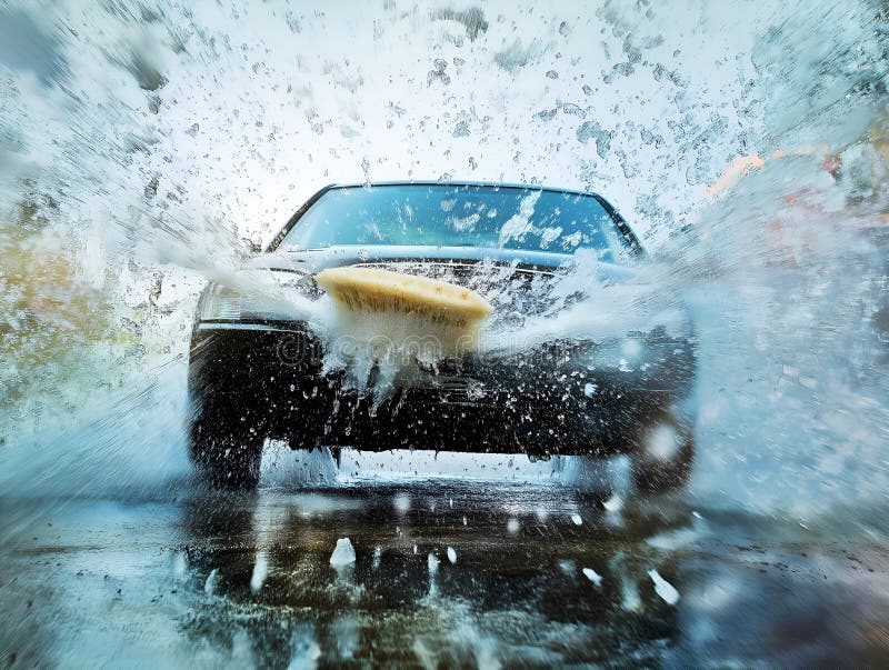Car Being Power Washed, Creating a Dynamic Splash of Water and Suds ...