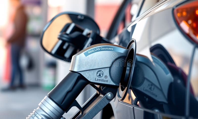 A Car Being Refueled at a Gas Station with Selective Focus on the Fuel ...
