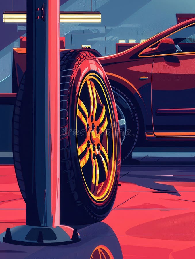 A Car is Being Serviced for a Tire Change in a Modern Workshop Filled ...