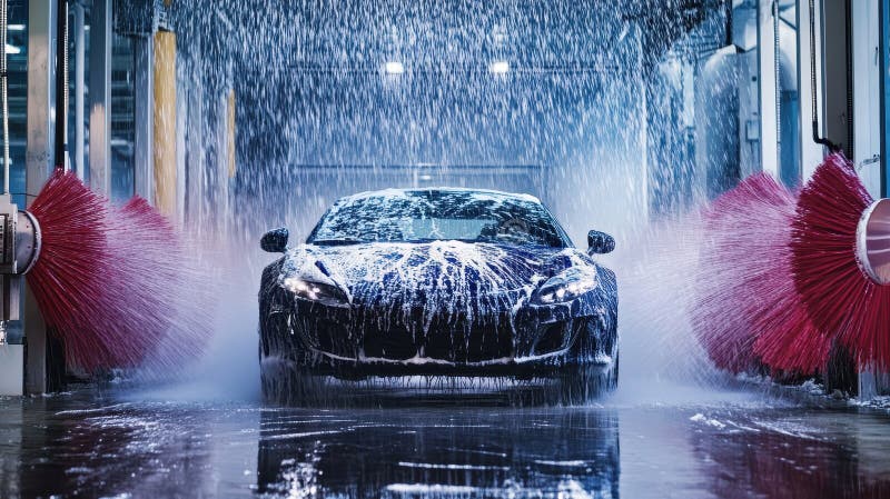 A Car Being Washed in an Automated Car Wash with Soap and Water ...