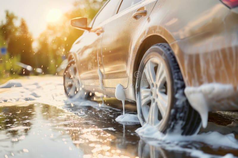 Car Being Washed with Foam and Water in Bright Sunlight. Stock Image ...