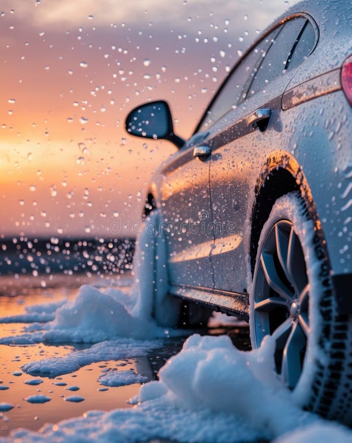 Car Being Washed with Water Droplets and Foam at Sunset Stock Photo ...