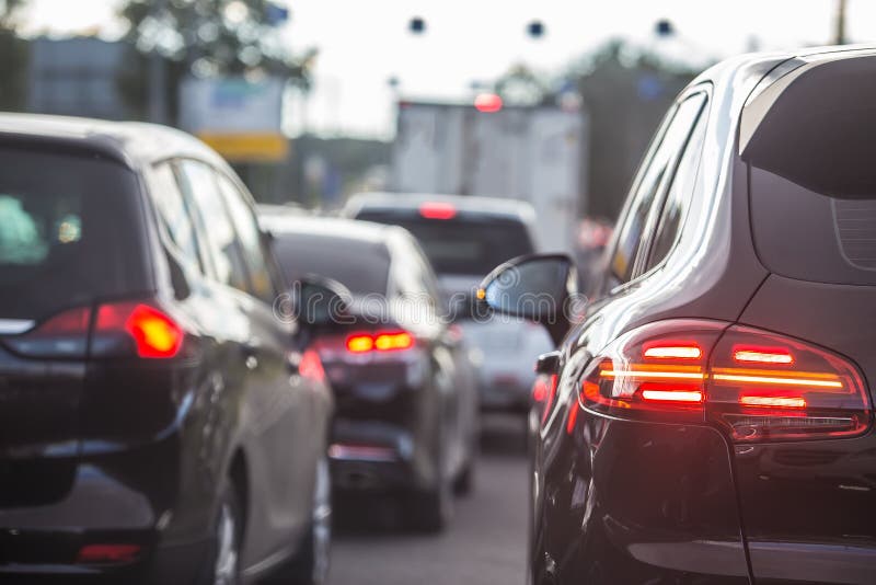 Car in a Big Traffic Jam. Back View Stock Photo - Image of roadside ...