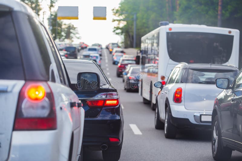 Car in a Big Traffic Jam. Back View Stock Photo - Image of roadside ...