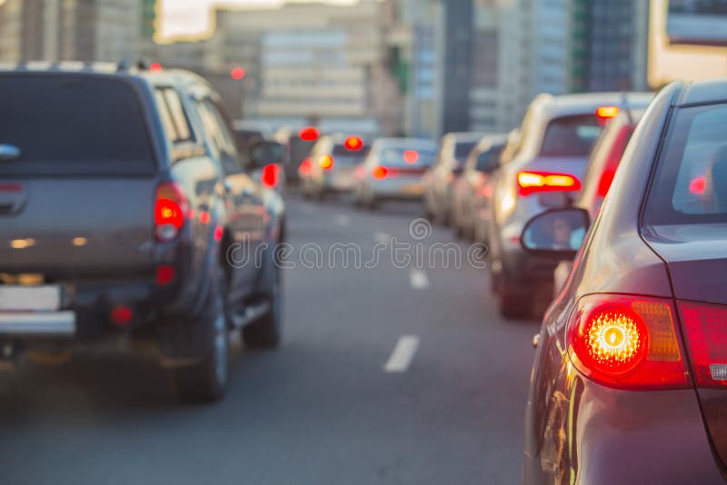 Car in a Big Traffic Jam. Back View Stock Photo - Image of slow, street ...