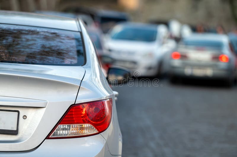 Car in Big Traffic Jam. Back View Stock Photo - Image of automobile ...