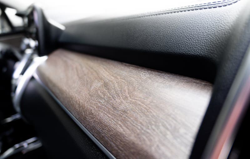 Car Black Leather Interior with Natural Wood Panel. Interior of ...