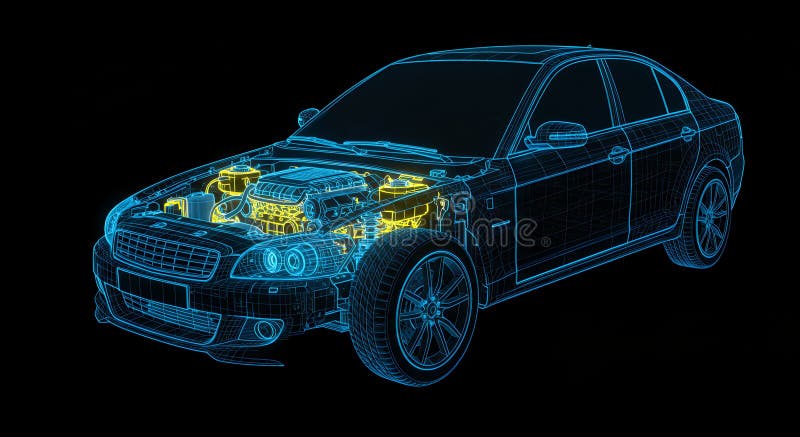 Car Blueprint a Blue Automotive Wireframe with Engine and Technical ...