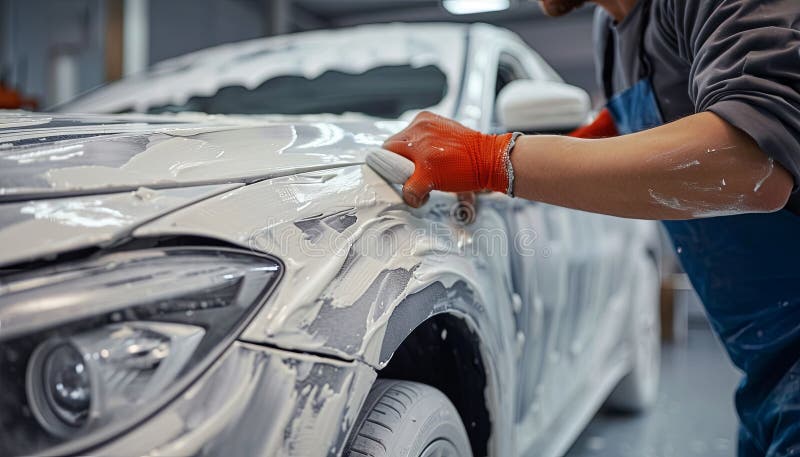 Car Body Repairs Applying Plaster on a Modern Car. Stock Illustration ...