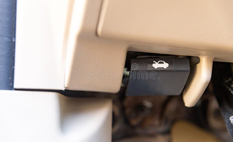 Car Bonnet Release Lever, Car Interior. Hand Pulling Car Bonnet Release ...