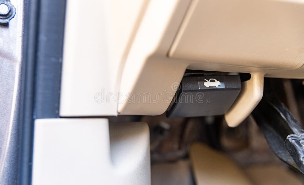 Car Bonnet Release Lever, Car Interior. Hand Pulling Car Bonnet Release ...