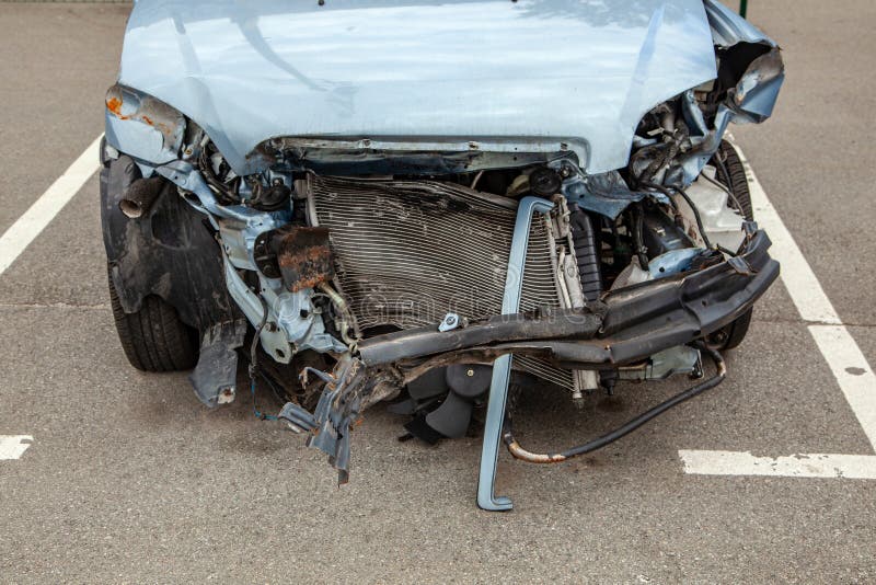 Crash Car in Front after the Accident. Broken Wing and Wheel, Bumper ...
